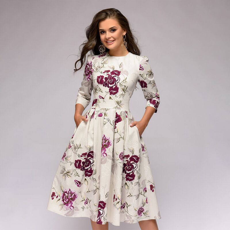 Women Retro Tunic 3/4 Long Sleeved Floral Print Bodycon Women Retro Tunic 3/4 Long Sleeved Floral Print Bodycon